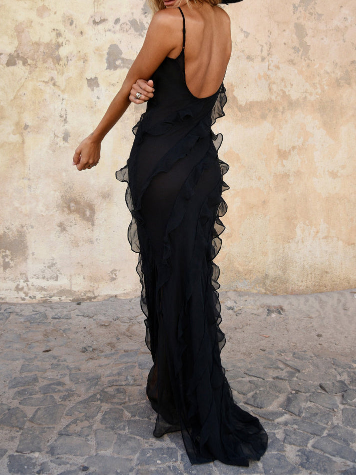 Black Side Slit Backless Maxi Dress With Ruffle Detail – ADONIS BOUTIQUE