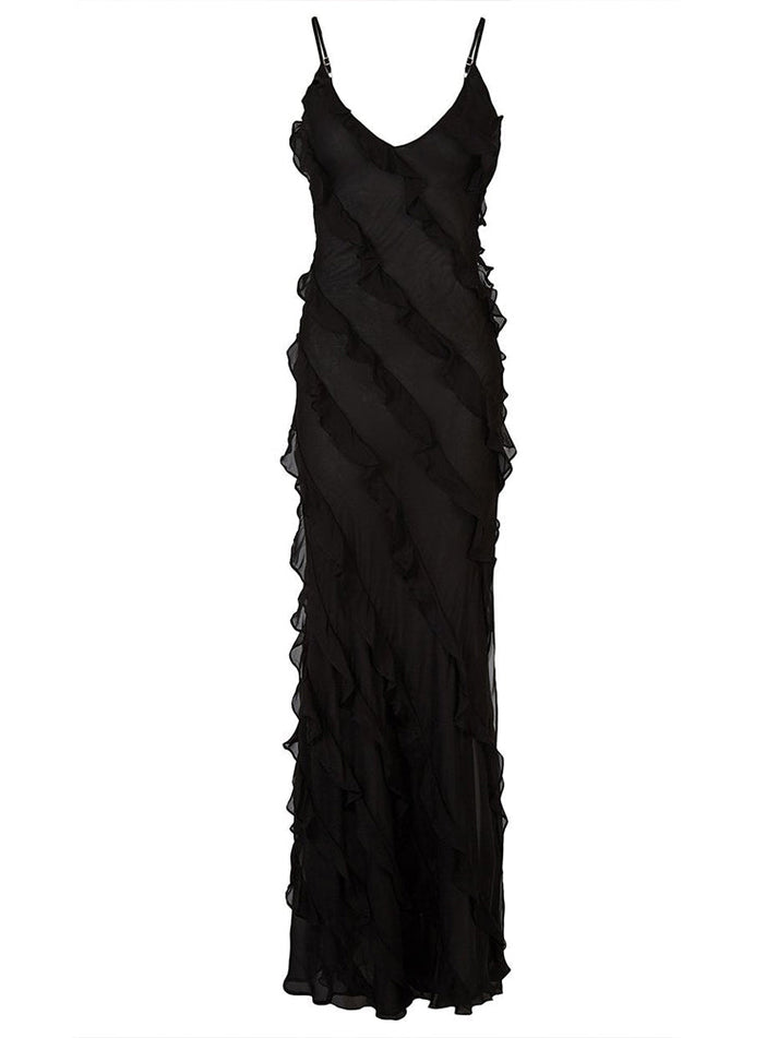 Black Side Slit Backless Maxi Dress With Ruffle Detail – ADONIS BOUTIQUE