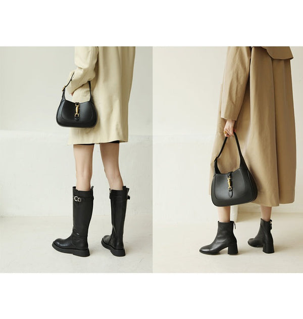 Black Classic Curved Leather Handbag with Signature Buckle Closure ...