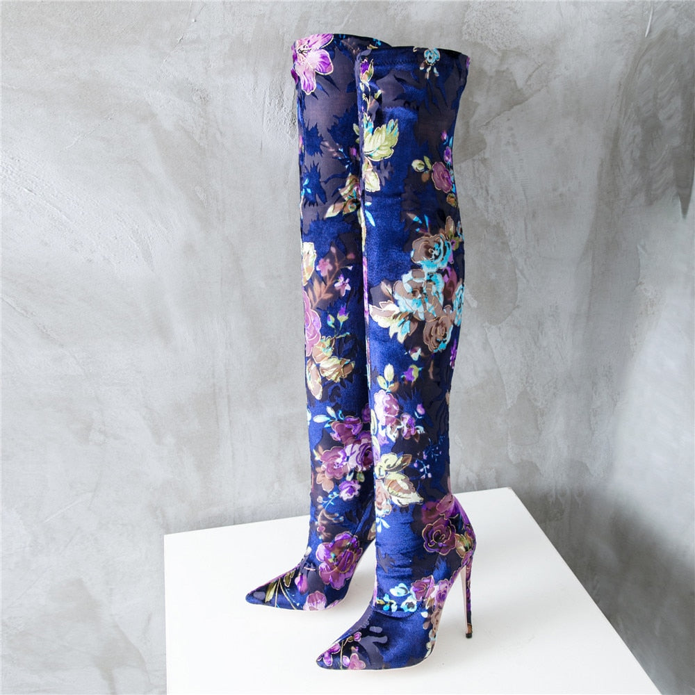 Floral Blue Thigh High Stiletto Heel Boots – ADONIS BOUTIQUE