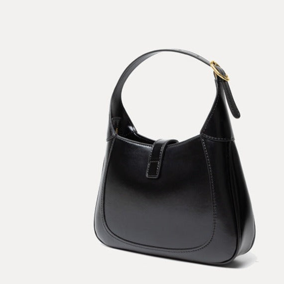 Black Classic Curved Leather Handbag with Signature Buckle Closure ...